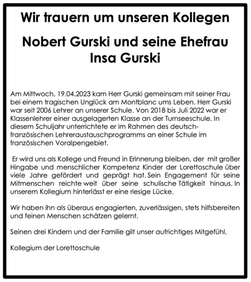 Wir trauern um unseren Kollegen › Loretto Grundschule